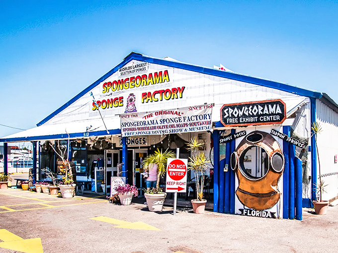 The iconic blue and white facade of Spongeorama Sponge Factory stands as a beacon of maritime history in Tarpon Springs, promising oceanic treasures within.