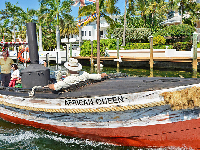 The legendary African Queen rests at her Key Largo dock, her weathered hull telling tales of silver screen adventures and real-world journeys across continents.