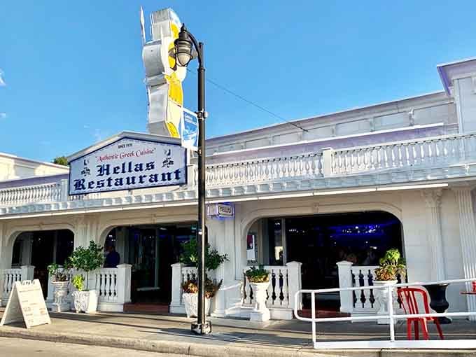 The white columns and blue accents aren't just pretty&mdash;they're your first clue you've found something authentically Greek in Florida.