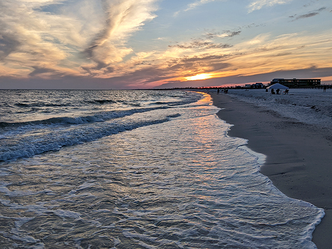 Sunset paints the Mexico Beach shoreline in gold, while beneath these gentle waves, an underwater metropolis thrives with colorful marine life.