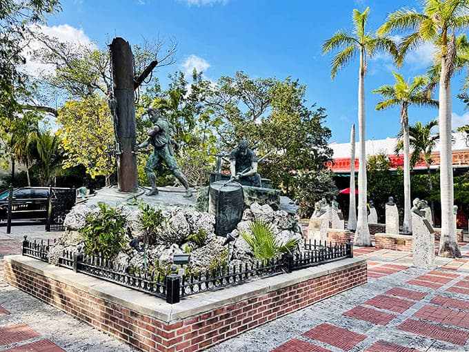 Bronze busts rise from coral stone pillars like a greatest hits album of Key West history, minus the scratches.