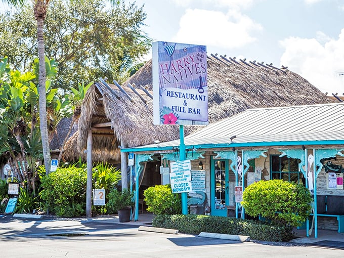 The thatched roof and turquoise trim of Harry and the Natives isn't just eye-catching&mdash;it's a portal to Old Florida that survived the invasion of beige strip malls.