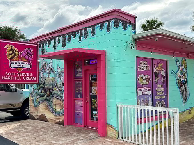 A turquoise and hot pink paradise beckons from the roadside, with melting ice cream details that perfectly telegraph the sweet treasures waiting inside.