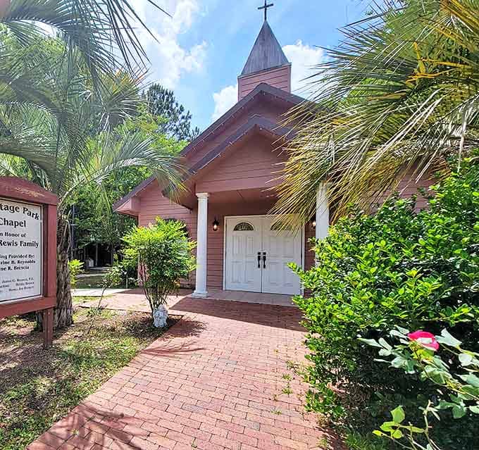 Find a moment of quiet reflection at this quaint, pink-hued chapel nestled behind a beautiful red brick walkway.