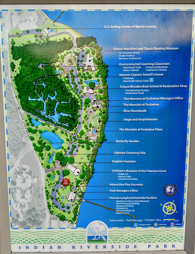 This detailed guide reveals the park's impressive 63-acre layout, helping visitors navigate between attractions from the butterfly garden to the riverfront boardwalk.