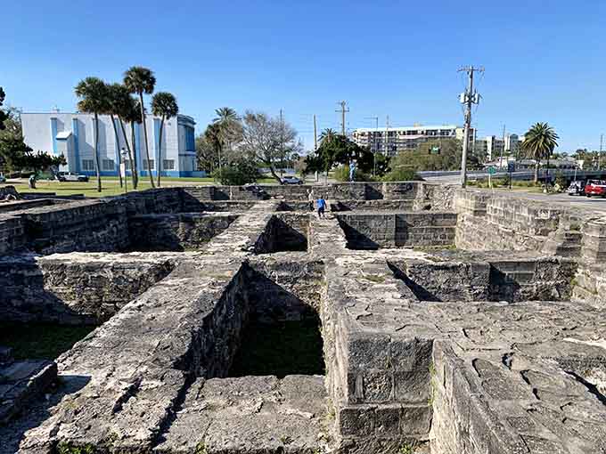 Up close, the coquina construction reveals its shell-based composition, a building material that's uniquely Florida and surprisingly resilient.