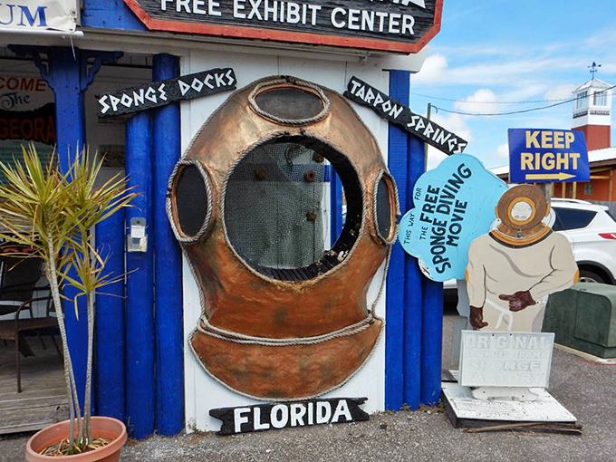 Step through this copper diving helmet entrance and you've officially entered the world of sponges – a uniquely Tarpon Springs experience.
