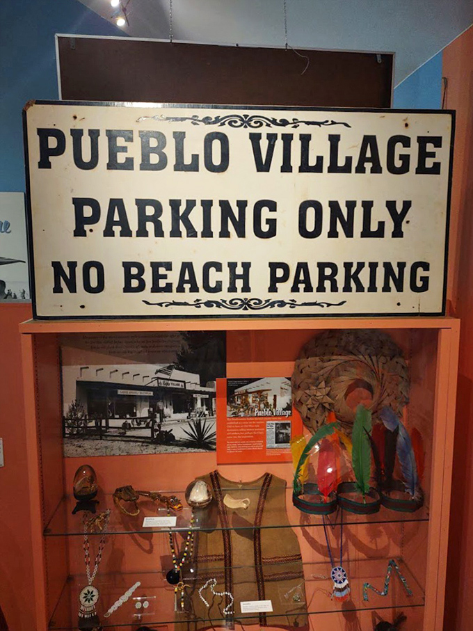 "No Beach Parking" &ndash; this original sign from Pueblo Village recalls the mid-century heyday when themed attractions defined the Florida vacation experience.