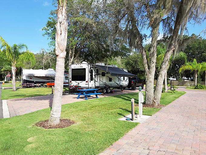 Spacious RV sites with full hookups welcome road warriors, offering both convenience and access to resort amenities.