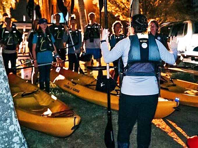The adventure begins with essential safety instructions, turning nervous first-timers into confident explorers of the night waters.