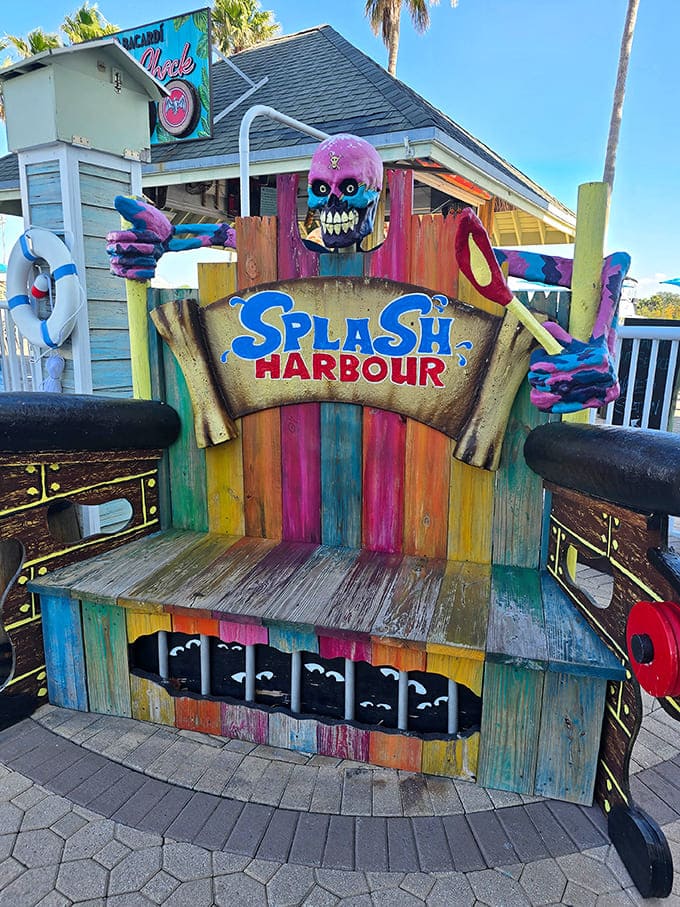 Even the photo ops embrace the pirate theme with enthusiasm, because why take a normal picture when you can take a swashbuckling one?