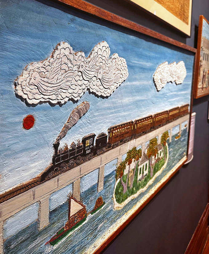 "The Train That Went to Sea" carving commemorates the ambitious Florida East Coast Railway that once connected Key West to the mainland.