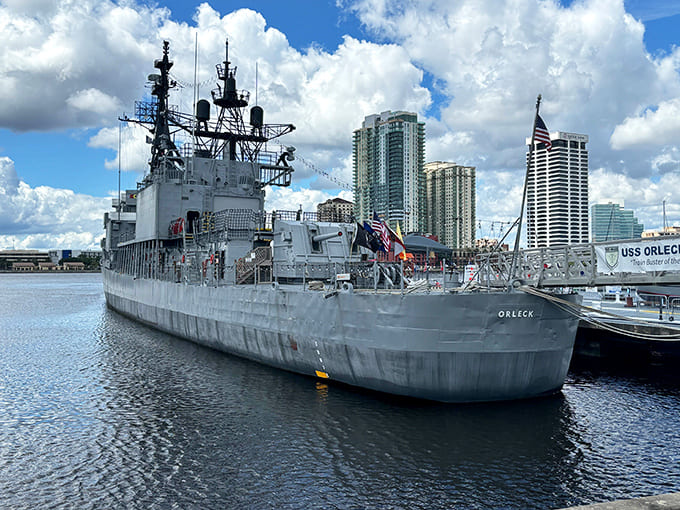 From this angle, the Orleck's impressive size and distinctive destroyer profile are beautifully framed against Jacksonville's modern skyline.