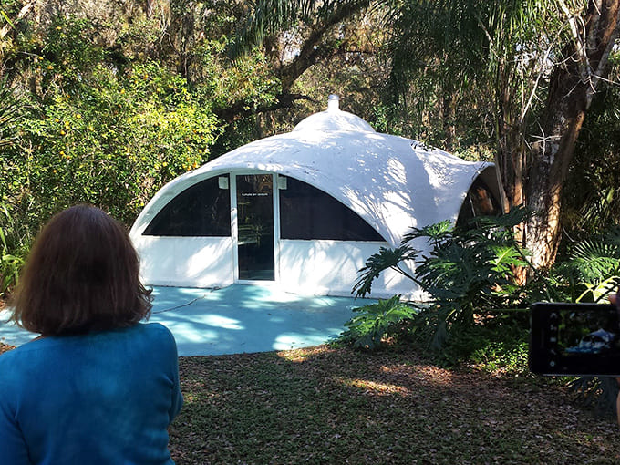 The seminar house sits nestled among palms and vegetation, looking like it grew there naturally rather than being imposed on the landscape.