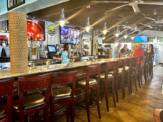 The heart of Blue Dog's social scene, where locals and visitors mingle over cold drinks and fishing tales.