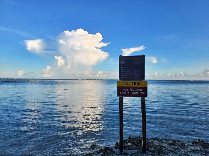 The most polite warning sign in Florida: "No lifeguard" really means "This paradise is still wild enough to respect."