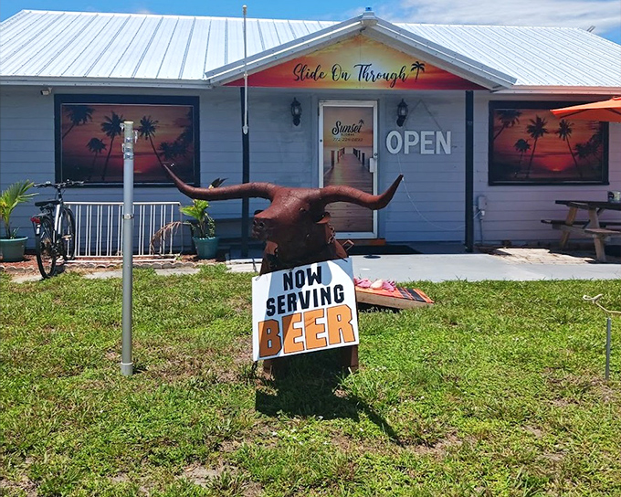 Even the metal longhorn knows what's up, proudly announcing beer service like a bovine town crier with excellent taste.