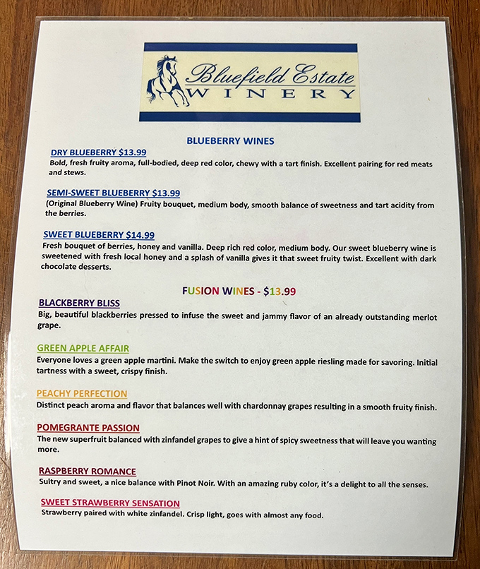 The wine menu reads like a delicious story, with each variety promising its own unique flavor adventure and food pairing possibilities.