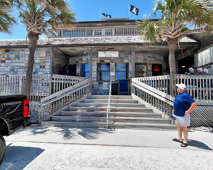 Peg Leg Pete's weathered wood exterior and pirate theme set the stage for Pensacola Beach's favorite seafood feast.