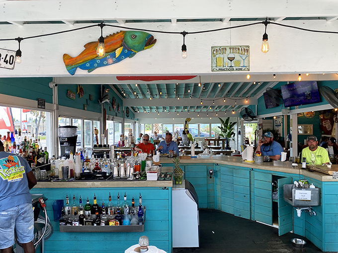 A treasure trove of spirits lines the shelves, promising concoctions that capture the essence of coastal living in every sip.