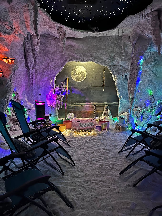 Sound healing session: Participants gather in a circle, surrounded by salt walls and bathed in colorful light.