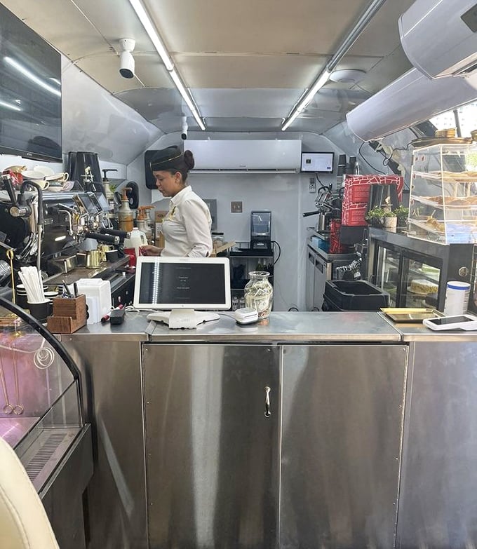 The galley-turned-barista station proves airplane food jokes are officially grounded at this establishment.