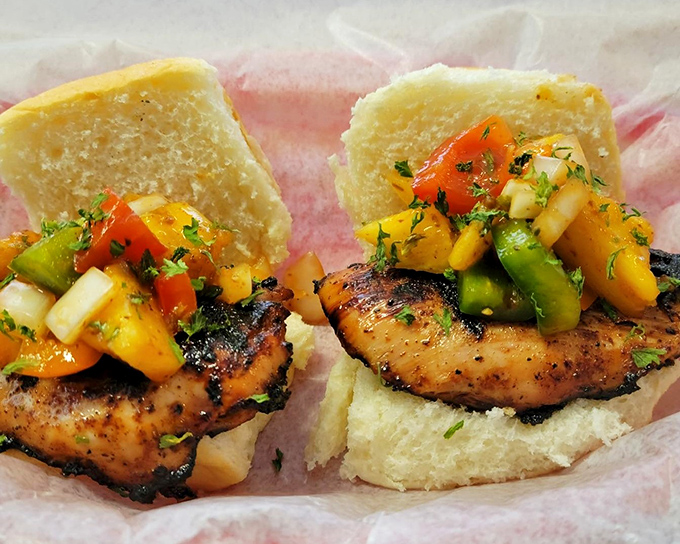 Grilled chicken sliders topped with fresh salsa &ndash; proof that healthy-ish options can still belong in the comfort food family album.