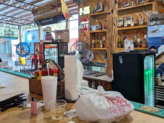 The bar area decorated with fishing memorabilia reminds you that this is a place where the sea isn't just inspiration, it's a way of life.