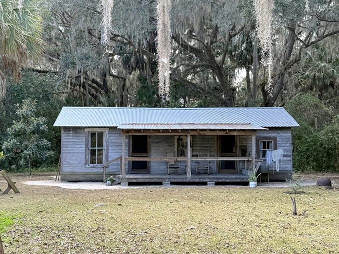 Weathered outbuildings dot the property, each structure telling its own story about rural Florida life in the early twentieth century.
