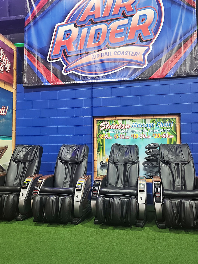 Massage chairs stand ready to soothe bouncing-induced muscle discoveries, proving the park thinks of everything&mdash;including the aftermath.