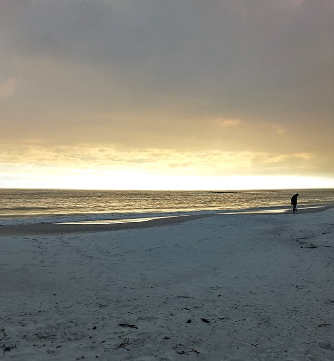Twilight transforms the beach into a contemplative space, where footprints in the sand become temporary art installations erased by the evening tide.