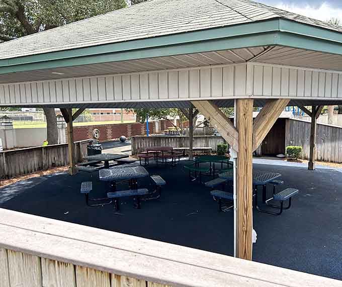 A pavilion providing blessed shade where families gather to refuel, rehydrate, and occasionally referee sibling disputes over snacks.