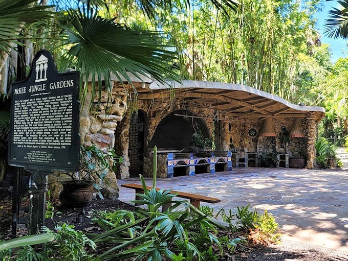 Historic stonework and rustic charm create an outdoor gathering space that whispers stories of Florida's colorful past.