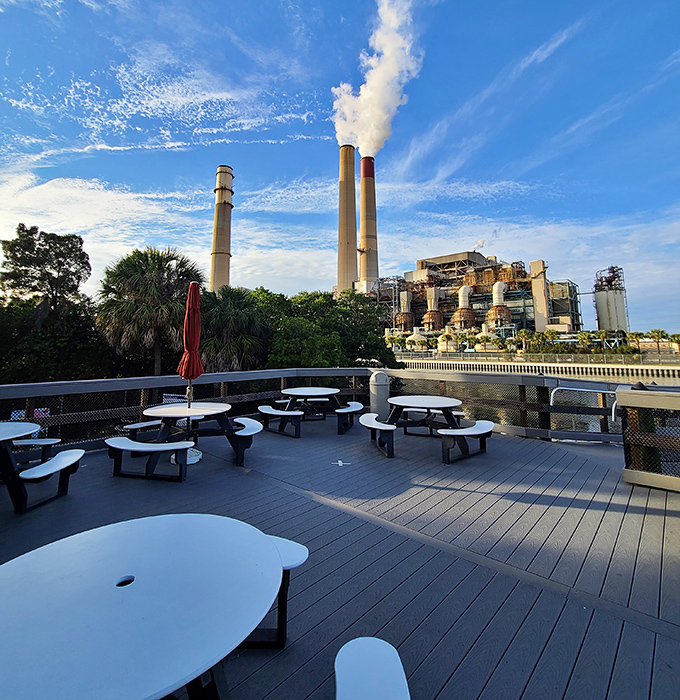 Picnic tables with industrial views offer surreal lunch spots where diners contemplate the strange harmony of smokestacks and wildlife sanctuaries.