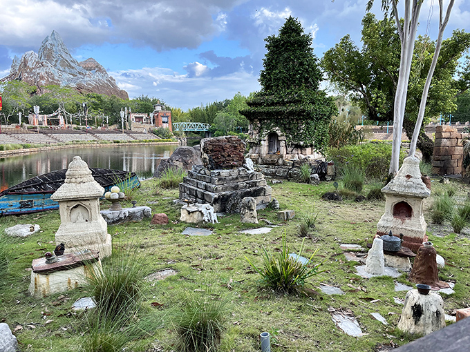 Miniature monuments and ancient-looking structures create whimsical landscapes that blend fantasy with archaeological inspiration.