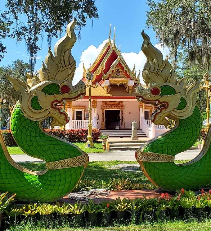 The main temple building showcases traditional Thai architecture that looks like it was transported directly from Southeast Asia.