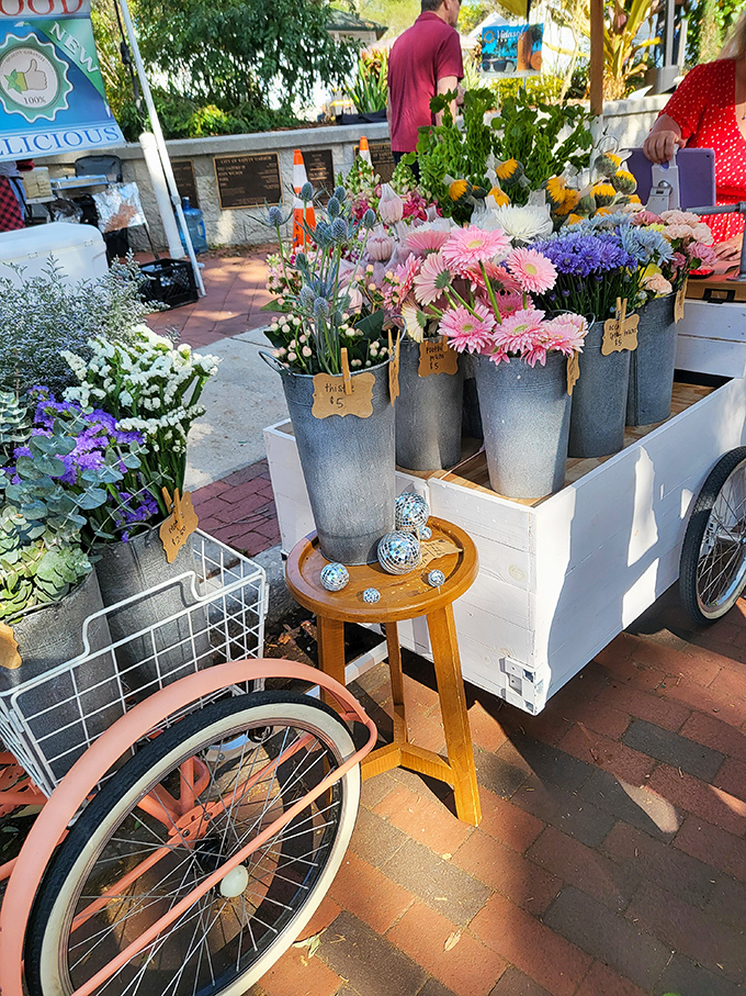 A rolling flower shop brings the garden to you, with blooms so fresh they might just whisper secrets about the morning dew.