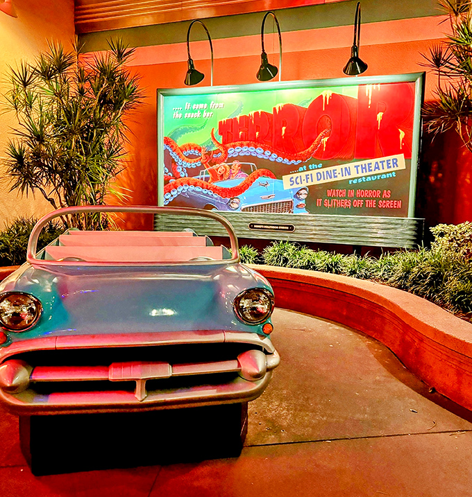 This retro-futuristic entrance doesn't just welcome you to a restaurant &ndash; it's a portal to an era when cars had fins and aliens had ray guns.