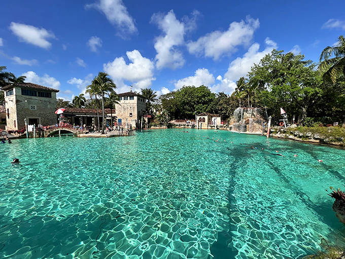 The historic Venetian Pool glows with turquoise water, surrounded by Mediterranean architecture and swaying palms.