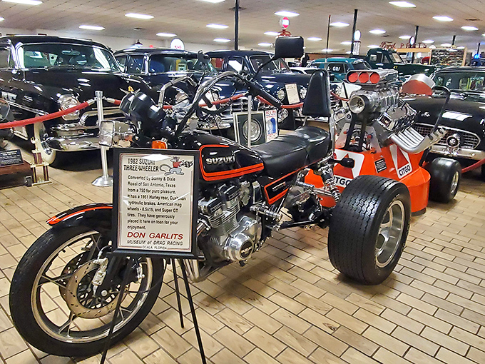 This 1982 Suzuki three-wheeler represents drag racing's "run what you brung" spirit, when anything with an engine could compete.