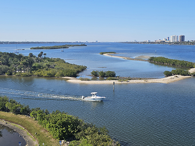 Islands of green punctuate the blue expanse as a boat charts its course through the Halifax River – freedom in fiberglass form.