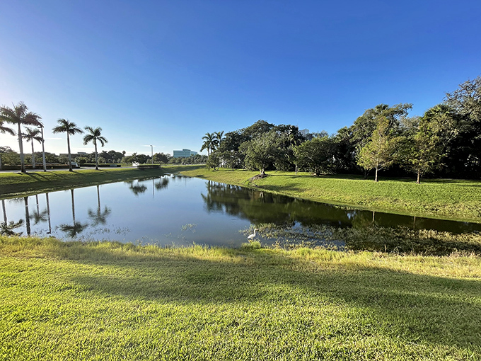 Deerfield Country Club's serene water features reflect perfect blue skies, creating the optical illusion that golf is a relaxing sport.