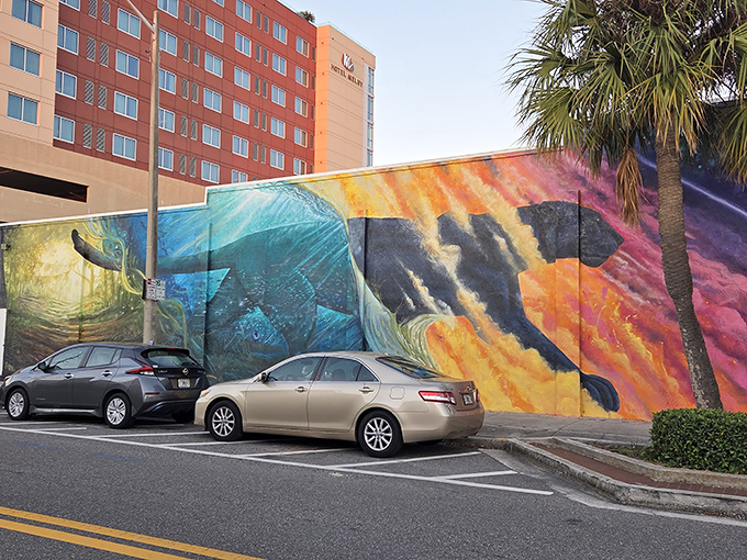Vivid sea life murals transform parking lots into underwater fantasies, bringing Melbourne's coastal spirit into its urban landscape.