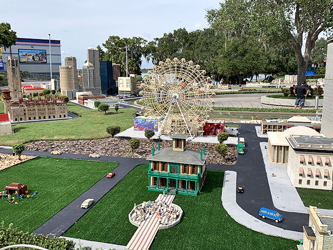 This intricate Ferris wheel model demonstrates the engineering possibilities of LEGO, with working mechanical elements that bring the miniature world to life.