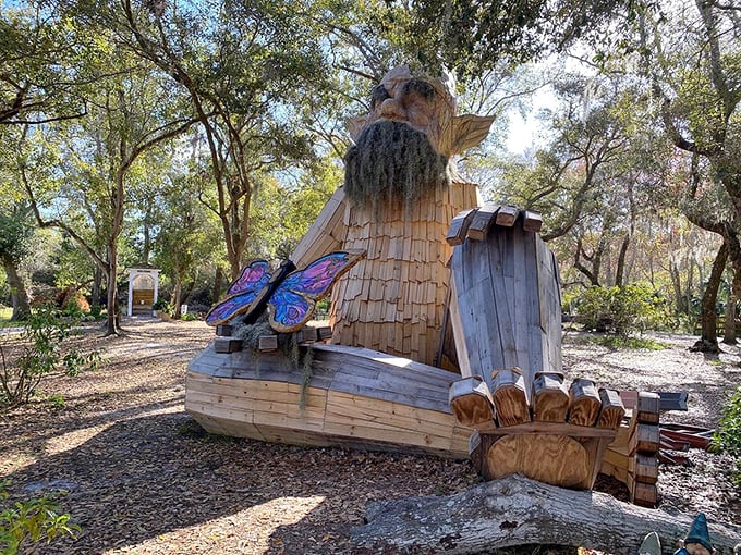 This whimsical wooden sculpture at Folly Farm proves that nature preserves can have a sense of humor about the whole conservation thing.