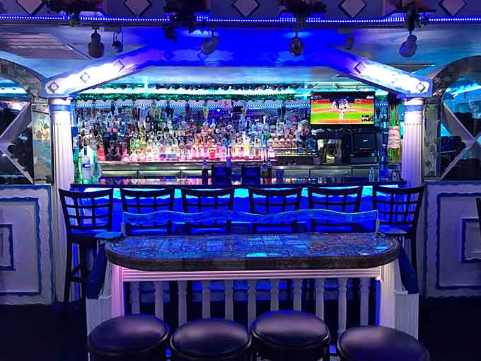 A well-stocked bar with mood lighting means your Greek dining experience can include the perfect wine or cocktail pairing.