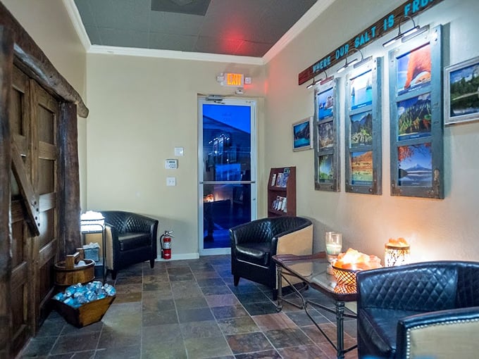 Waiting area wisdom: The comfortable lobby showcases serene artwork while guests prepare for their salt immersion.