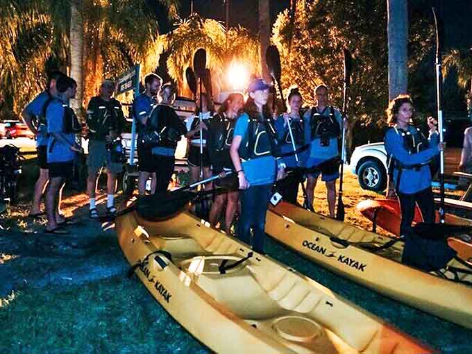 Ocean Kayak vessels stand ready for adventure, their bright yellow hulls soon to be complemented by the blue glow of bioluminescent waters.