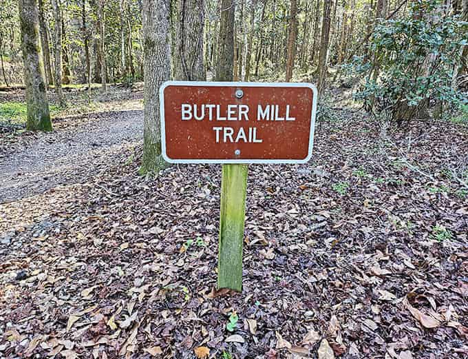 The Butler Mill Trail sign points the way to paths where different eras of human history overlap like chapters in a very long book.