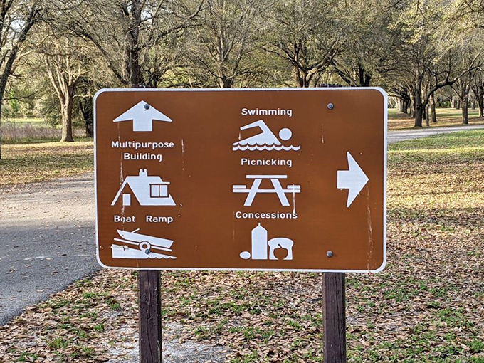 This helpful signpost points the way to all of Poe Springs' treasures &ndash; though the real adventure lies in unexpected discoveries between destinations.